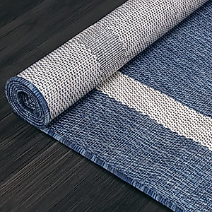 Beverly Rug Waikiki Indoor Outdoor Rug 5x7, Washable Outside Carpet for Patio, Deck, Porch, Bordered Modern Area Rug, Water Resistant, Blue - White