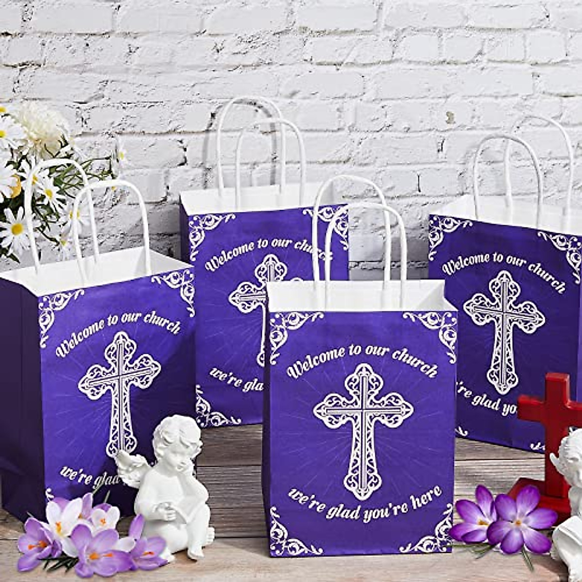 15 Pieces Welcome Gift Bags with Handles Purple Welcome to Our Church Gift Bags Religious Church Bag Baptism Gift Bag Bulk for Birthday Church Theme Party Supplies, 5.9 x 3.1 x 8.3 Inch