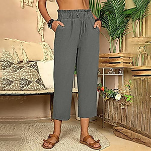 Elastic High Waisted Capris for Women Casual Loose Comfy Summer Cotton Linen Pants Wide Leg Cropped Trousers