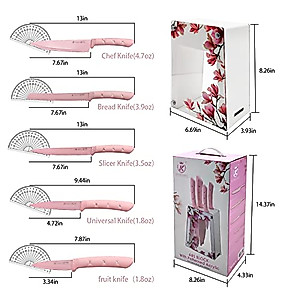 Kitchen Knife Set, Retrosohoo Pink Flower 6PC Stainless Steel Sharp Chef Knife Set with Acrylic Stand, Cooking Non-slip Knife Set with Block, Non-stick Colorful Coating Gift for Women Girls (Pink)