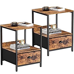 Furologee Set of 2 Nightstand with Drawer, End Table with Storage Shelf, Industrial Side Sofa Table, Bedside Accent Furniture Metal Frame Easy Assembly for Living Room/Bedroom/Hallway, Rustic Brown