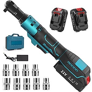 Housiwill 21V 3/8" Cordless Ratchet Wrench Set , Electric Ratchet Wrench Set with 2*2000mAh Li-ion Batteries + 1*2A Charger + 9*Bolt Sockets , 60 ft-lbs 450 RPM Cordless Electric Ratchet Wrench Set.
