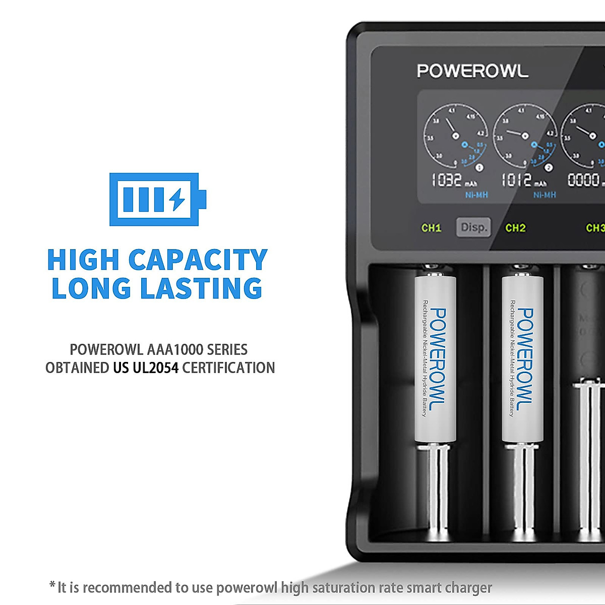POWEROWL AAA Rechargeable Batteries 16 Pack w/Charger, High Capacity Rechargeable AAA Batteries 1000mAh 1.2V NiMH Low Self Discharge
