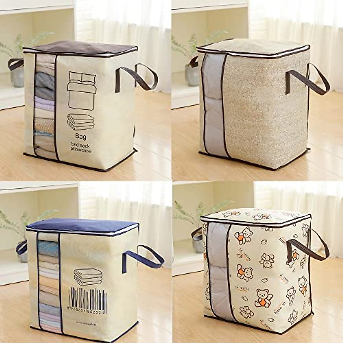 GUAGLL Large Capacity Quilt Storage Bag Printed Non Woven Foldable Window Handle Storage Bag for Clothers Quilt Toys