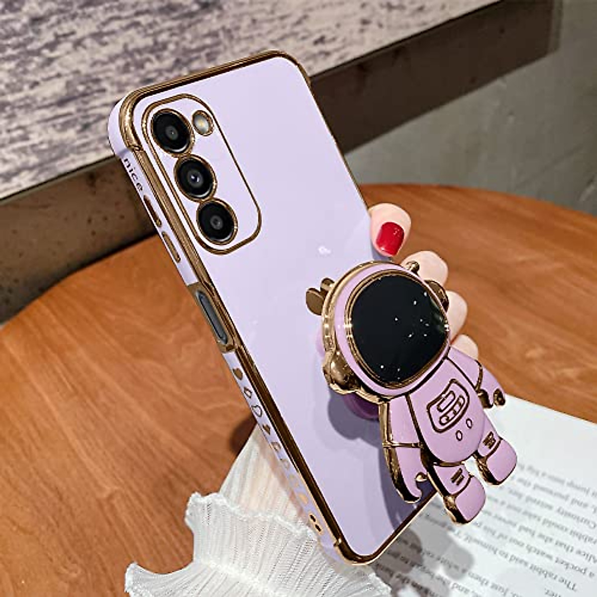 AIGOMARA 6D Plating Astronaut Hidden Stand Case Cover for Samsung Galaxy S23 Plus 5G Women Astronaut Folding Bracket Kickstand iPhone Case with Camera Protector Soft TPU Shockproof Bumper - Purple