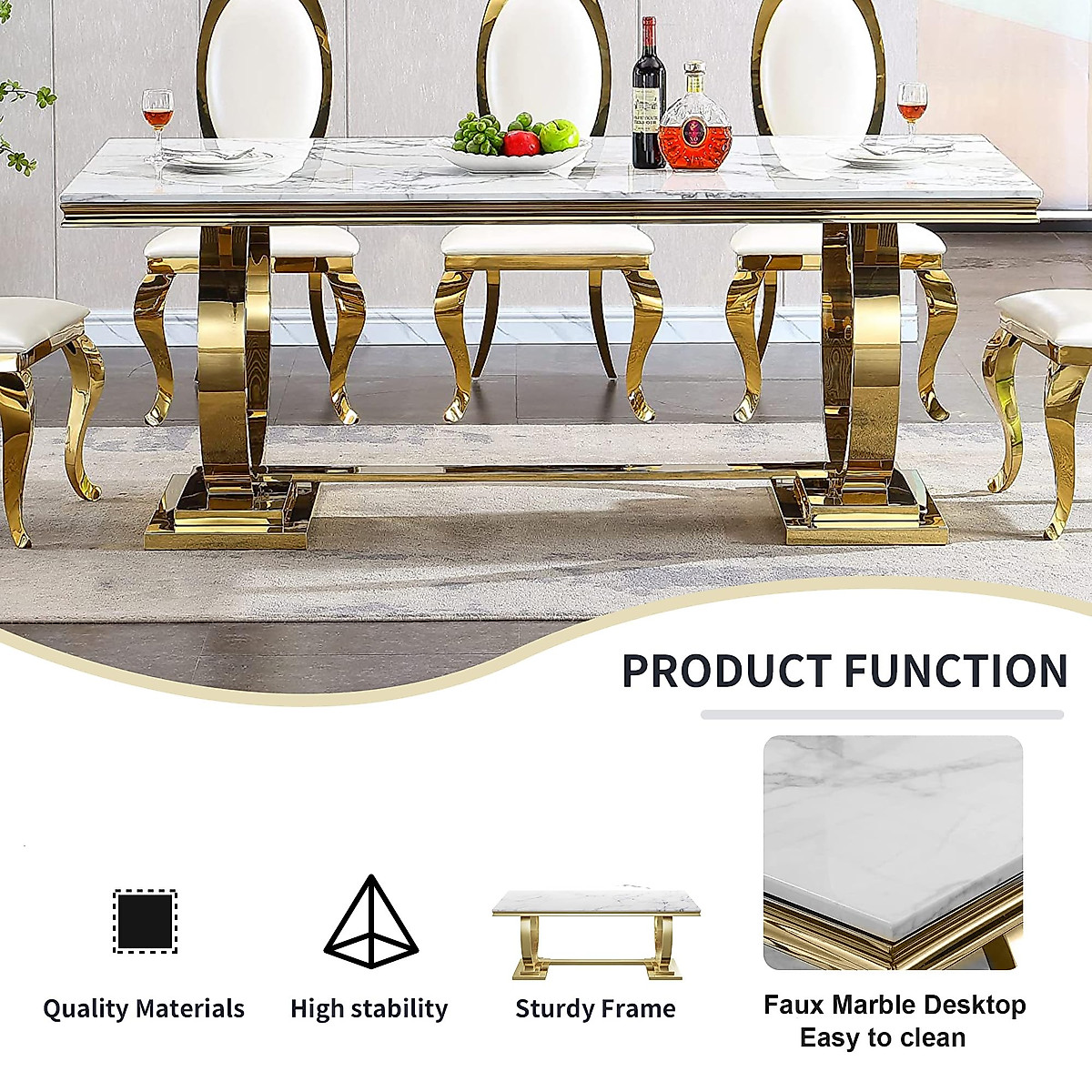 70" Modern Marble Dining Table, Luxury Gold Rectangular Kitchen Table for 6-8, Mid-Century White Faux Marble Dining Room Table with Mirrored Stainless Steel Pedestal Base for 6