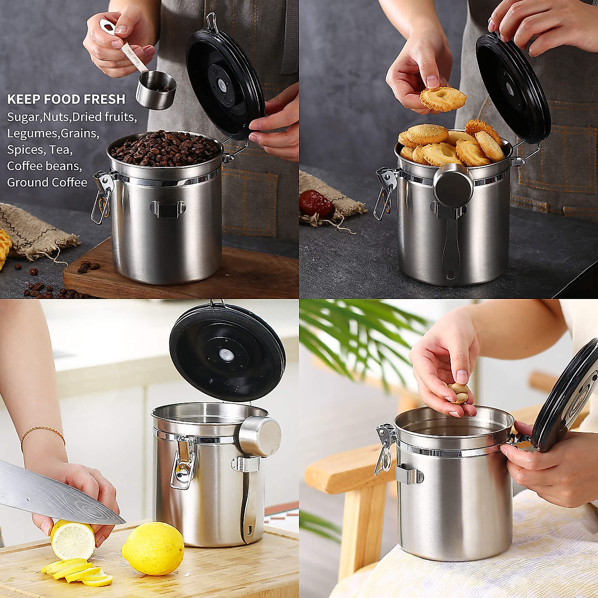 SUNWUKIN Coffee Canister, Airtight Stainless Steel Kitchen Food Storage Container with Date Tracker and Scoop for Beans, Grounds, Sugar, Tea, Flour, Cereal, Stainless Steel 22OZ