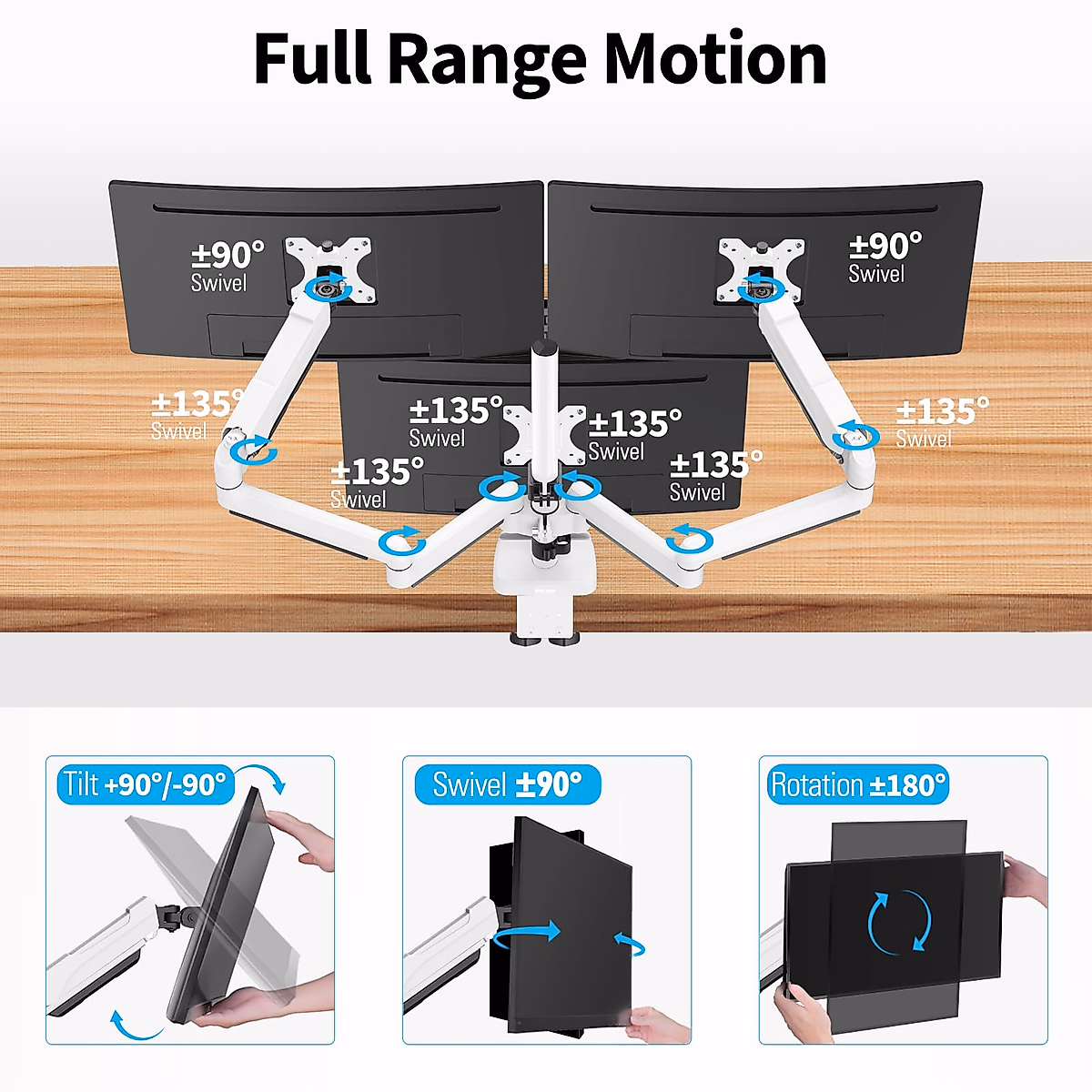 MOUNTUP Triple Monitor Mount, 3 Monitor Stand Desk Arm for Max 32'' Computer Screens, Max Extension 62.3" Gas Spring Triple Monitor Stand Holds 4.4-19.8lbs, VESA Bracket with Clamp/Grommet Base, White