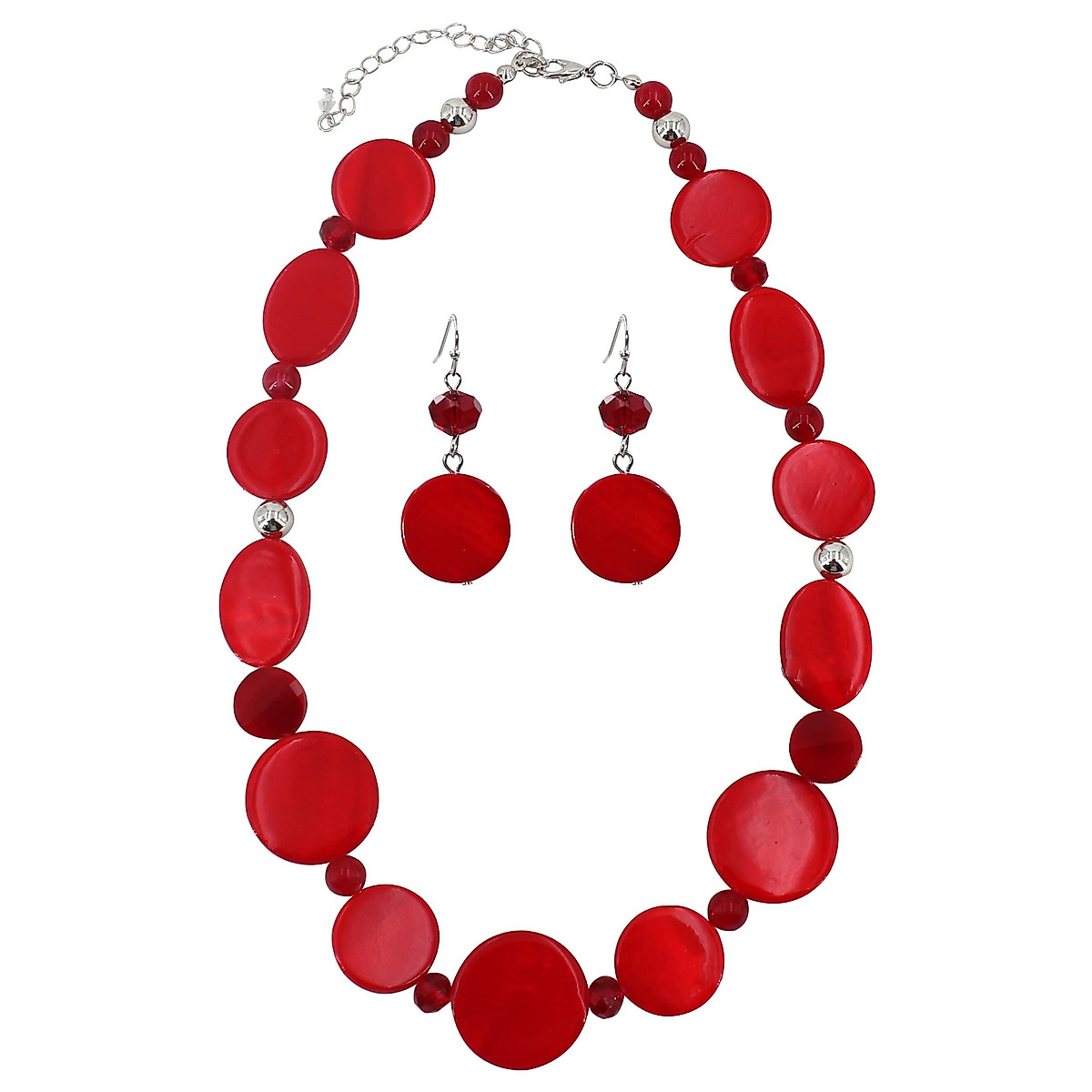 Jules D. Simple Beaded Choker Necklace Handmade Shell Multi Colorful Brown Green Beads Statement Necklace Bracelet Earring Set Costume Jewelry for Women Gifts (Red)