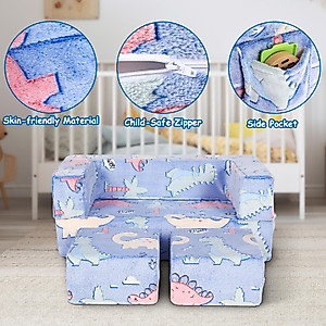 MAMIZO Kids Sofa Couch, Modular Toddler Couch Dinosaur Glow in Dark, Fold Out Play Plush Foam Chair, with 2 Ottomans 1 Side Pocket Soft Furniture Indoor Playroom Nursery Boys Girls
