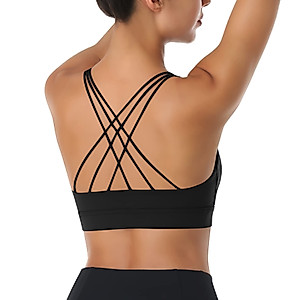 LEXISLOVE Strappy Sports Bras for Women Criss Cross Back Medium Support Workout Yoga Padded Sports Bra with Removable Cups Black L