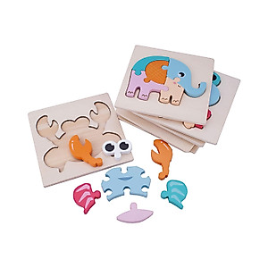 Wooden Toys 3D Animal Toddler Puzzles, Wooden Jigsaw Puzzle Set, 6 Pack Animal Shape Color Montessori Toy, Preschool Toys for Age 3+ Kids Early Educational Toys MM-P-06
