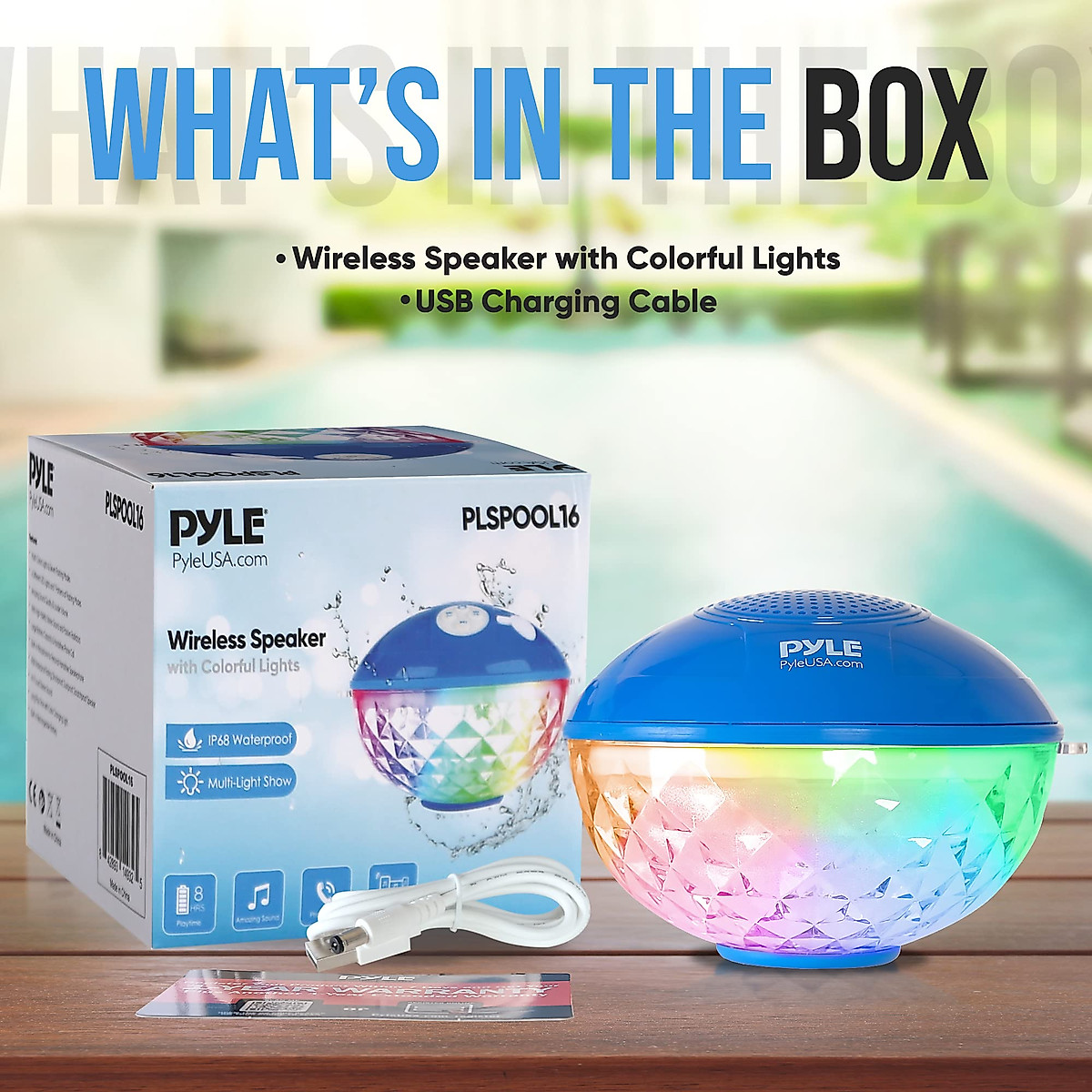 PyleUsa Floating Pool Speaker with Lights, IP68 Waterproof Portable Bluetooth Speakers,Stereo Surround Sound Outdoor Wireless Speaker for Pool Beach Shower Hot Tub Travel,50 ft Range,USB Rechargeable