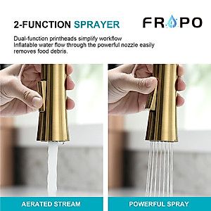 FROPO Brushed Gold Kitchen Faucet, Single Handle Gold Kitchen Sink Faucet with Pull Down Sprayer Modern Stainless Steel Brass Kitchen Faucet with Deck Plate Power Clean Spray Head 1 or 3 Hole