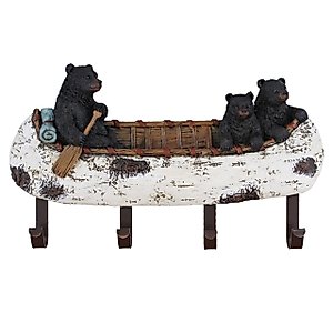 Old River Outdoors Black Bear and Cubs Paddling a Canoe Decor - 4 Peg Decorative Wall Mount Hook