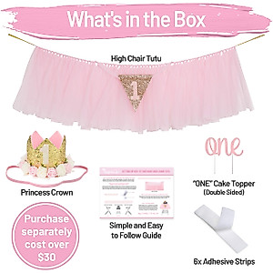 1st Birthday Girl Decoration High Chair Tutu Skirt WITH No.1 Crown -1st Birthday Decorations Cake Smash for Baby Girls - First Birthday Banner, Princess Crown and 'ONE' Cake Topper in Baby Pink n Gold