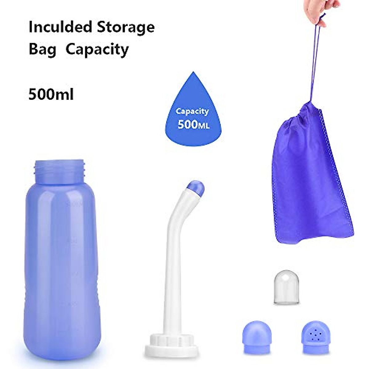 2 Pack Portable Bidet Sprayer Peri Bottle, Number-one Travel Bidet Bottle 500ml 17oz Personal Hygiene Care Toilet Bidet Shower with 2 Nozzles, Dust Cap and Storage Bag for PostPartum Care and Recovery