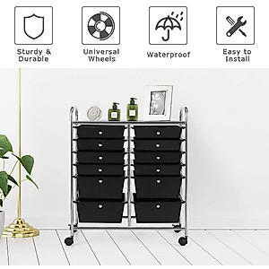 ReunionG 12-Drawer Storage Cart, Rolling Organizer with 4 Large & 8 Small Drawers, Steel Frame, Black