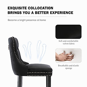 Kiztir Counter Height Bar Chairs Set of 2, 27" Modern Velvet Bar Stools with Button Decor, Nailhead Trim, Solid Wooden Legs, Beige Upholstered Bar Stools for Kitchen, Cafe, Pub (Black)