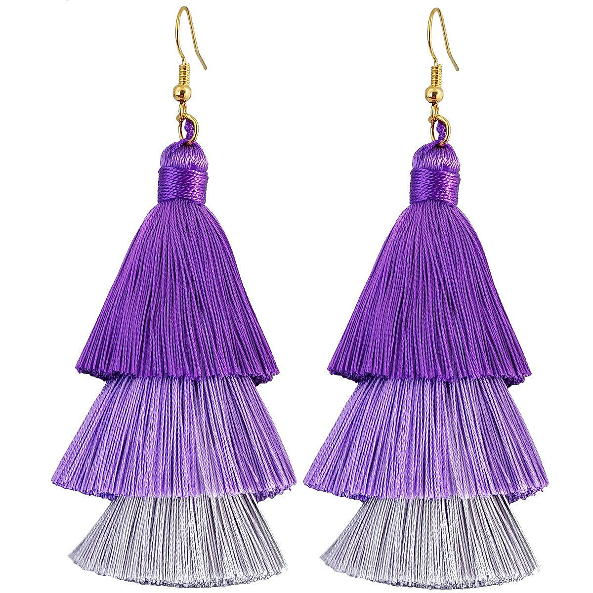 SUNYIK Gradual Purple Color Tiered Thread Layered Tassel Dangle Earrings for Women