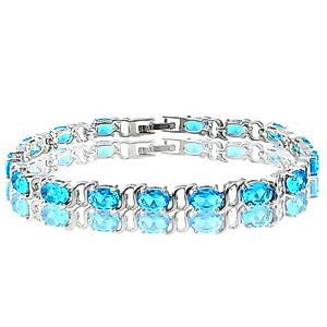 RIZILIA Tennis Bracelet & Oval Cut CZ [Simulated Aquamarine] in White Gold Plated, 7"