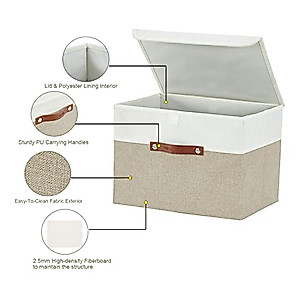 DECOMOMO Foldable Storage Bin with Lids [3-Pack] Collapsible Sturdy Cationic Fabric Storage Basket Box Container W/Handles for Organizing Shelf Nursery Linen (Beige and White, 15 x 11 x 11” – 3 Pack)