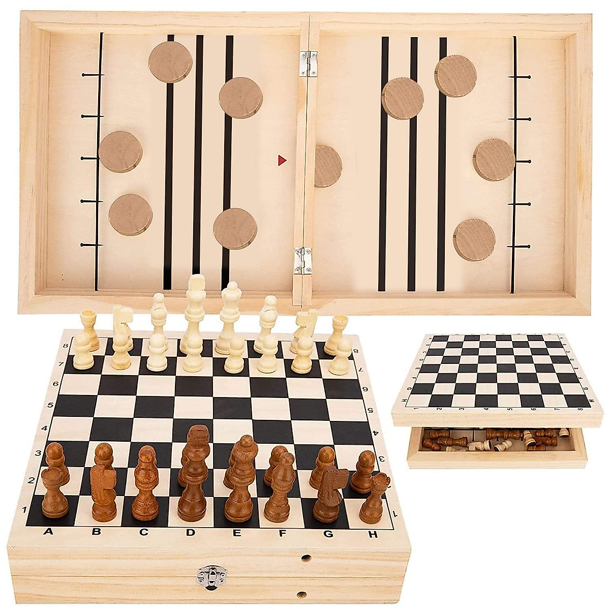 Sling Puck Game, Chess Game Set, Fast Sling Puck Game with Chess Game, 2 in 1 Board Game Set, Large Size 22.7 in x 12.5 in, Wooden Hockey Table Game