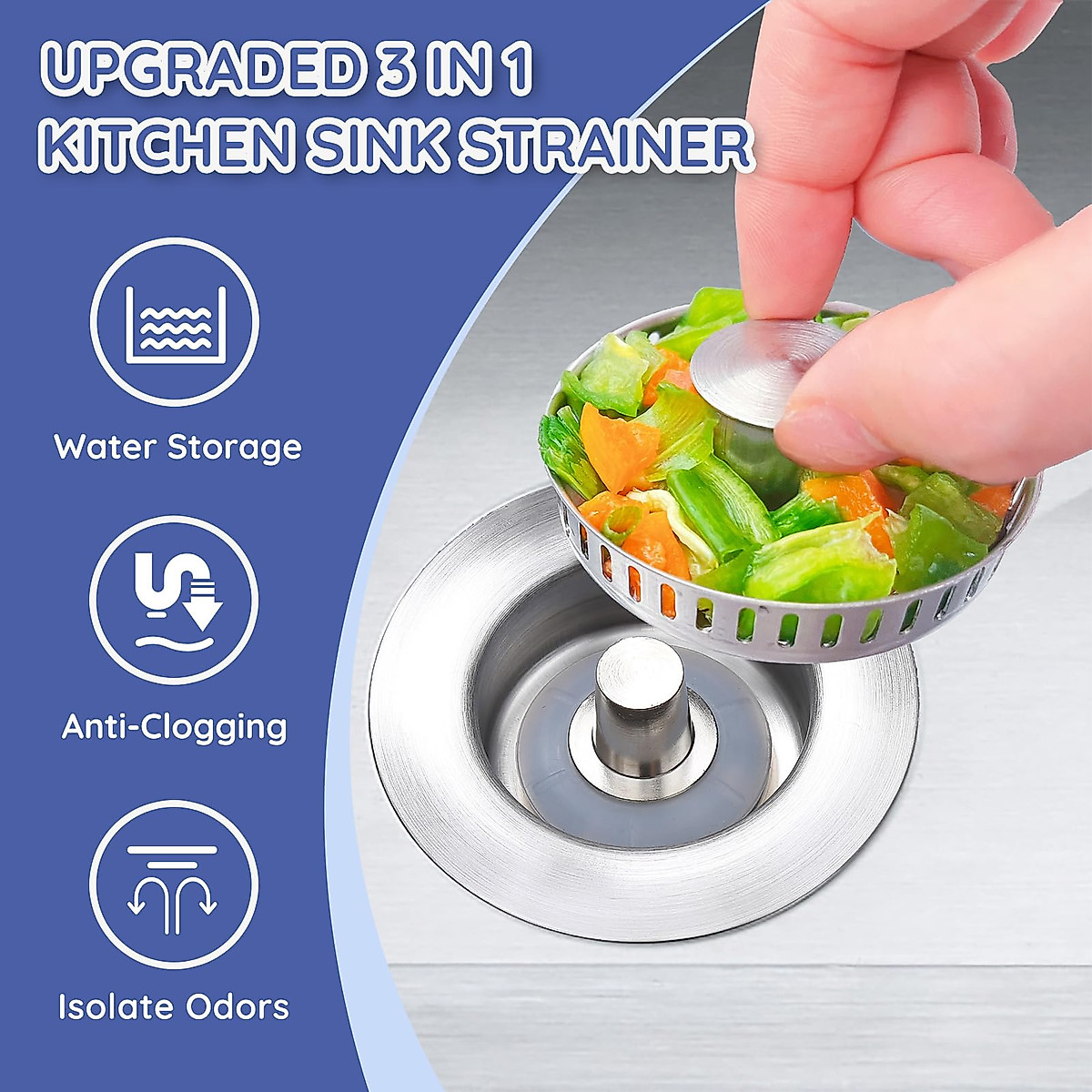 Upgraded 3 in 1 Kitchen Sink Drain Strainer - Stainless Steel Pop Up Sink Stopper, Anti-Clogging Sink Basket, Fast Drainage Kitchen Sink Plug for US Standard 3-1/2 Inch Drain