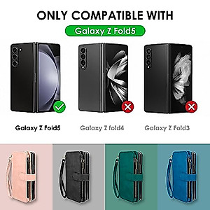 ZIULQIK for Samsung Galaxy Z Fold 5 Case, PU Leather Z Fold 5 Wallet Cases with S Pen Holder & Wrist Crossbody Strap & Card Holder Black