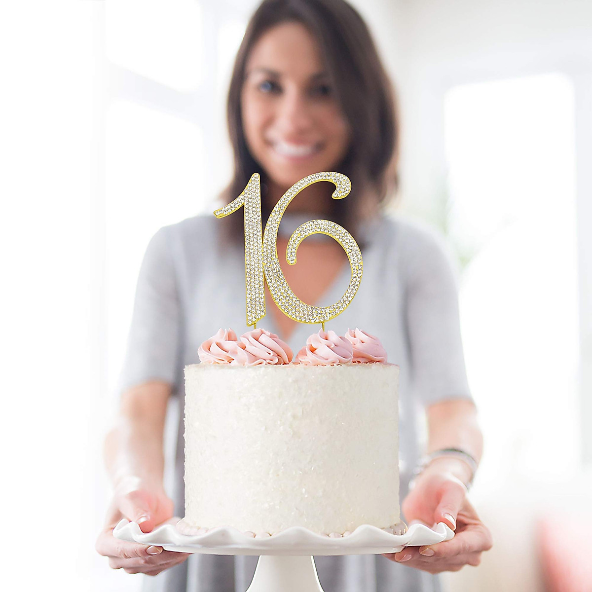 16 Cake Topper - Premium Gold Metal - Sweet 16 Birthday Party Sparkly Rhinestone Decoration Makes a Great Centerpiece - Now Protected in a Box