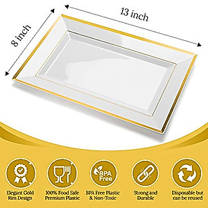 Mint Living - Elegant Plastic Serving Tray & Platter Set (6pk) - White & Gold Rim Disposable Serving Trays & Platters for Food - Weddings, Upscale Parties, Dessert Table, Cupcake display - 8x13 inches
