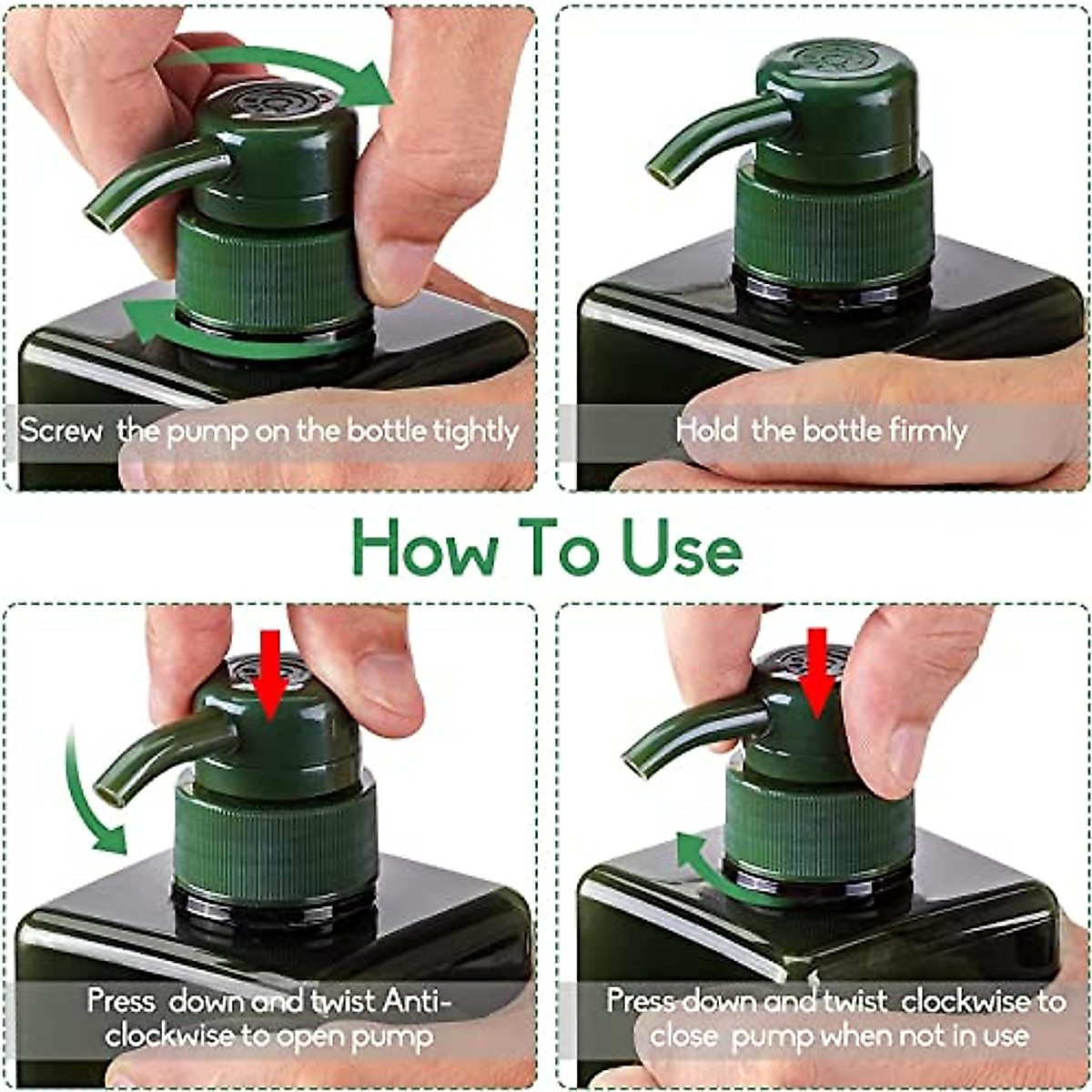 Amorettise 6 Pack Shampoo and Conditioner Dispenser Bottles, 4 Pack 22 Oz & 2 Pack 8 Oz Refillable Square Plastic Pump Bottles for Dispensing Lotions, Shampoo, Conditioner, Body Wash (Green)