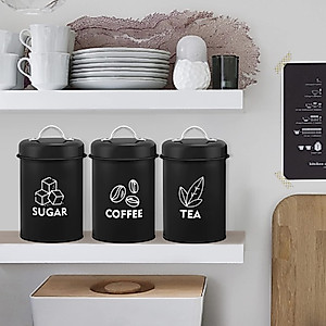 LIANYU 8 Piece Canister for Kitchen Counter, Large Food Kitchen Coffee Tea Sugar Metal Canisters Set with Spoons, Rustic Farmhouse Storage Set, Black