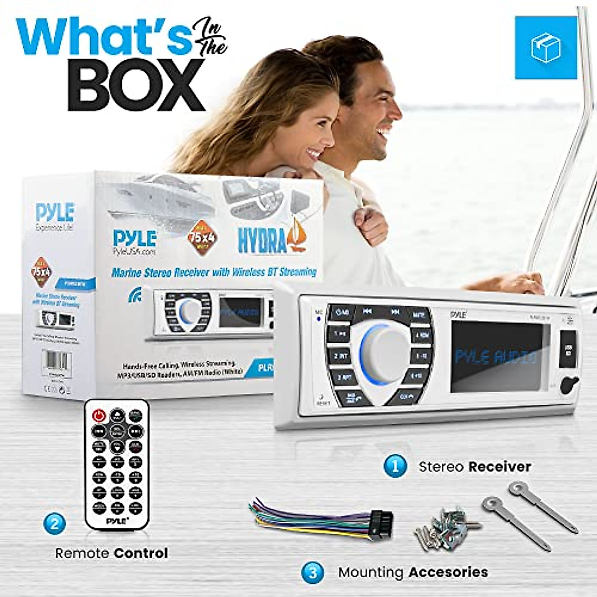 Pyle Bluetooth Marine Receiver Stereo - 12v Single DIN Style Boat In dash Radio Receiver System with Digital LCD, RCA, MP3, USB, SD, AM FM Radio - Remote Control, Wiring Harness - PLRMR23BTW (White)