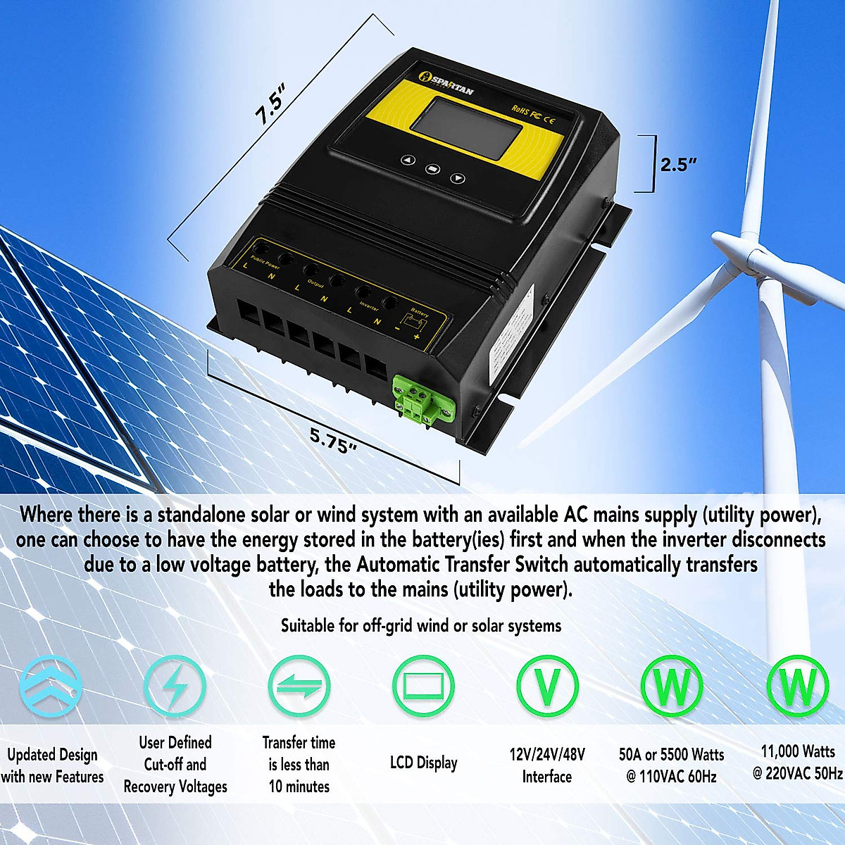 Spartan Power 50A 5500 Watt Automatic Transfer Switch Great for Solar & Wind Off Grid Systems