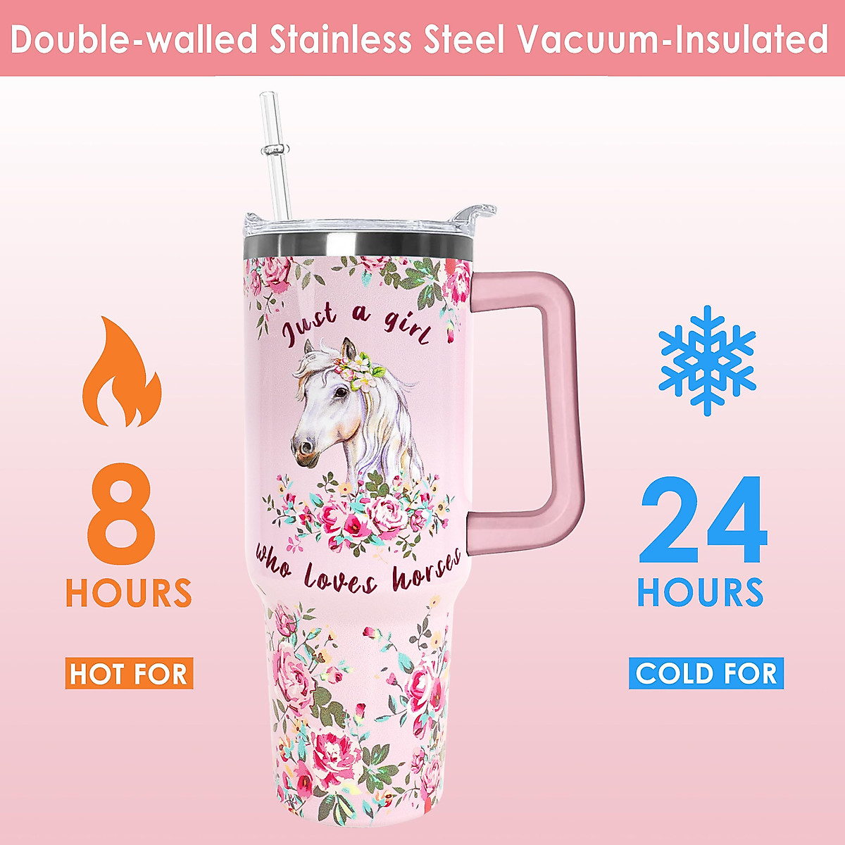 Omezin 40 Oz Horse Tumbler With Handle - 40oz Double Insulated Travel Coffee Mug With Lid and Straw - Horse Lover Gifts for Women