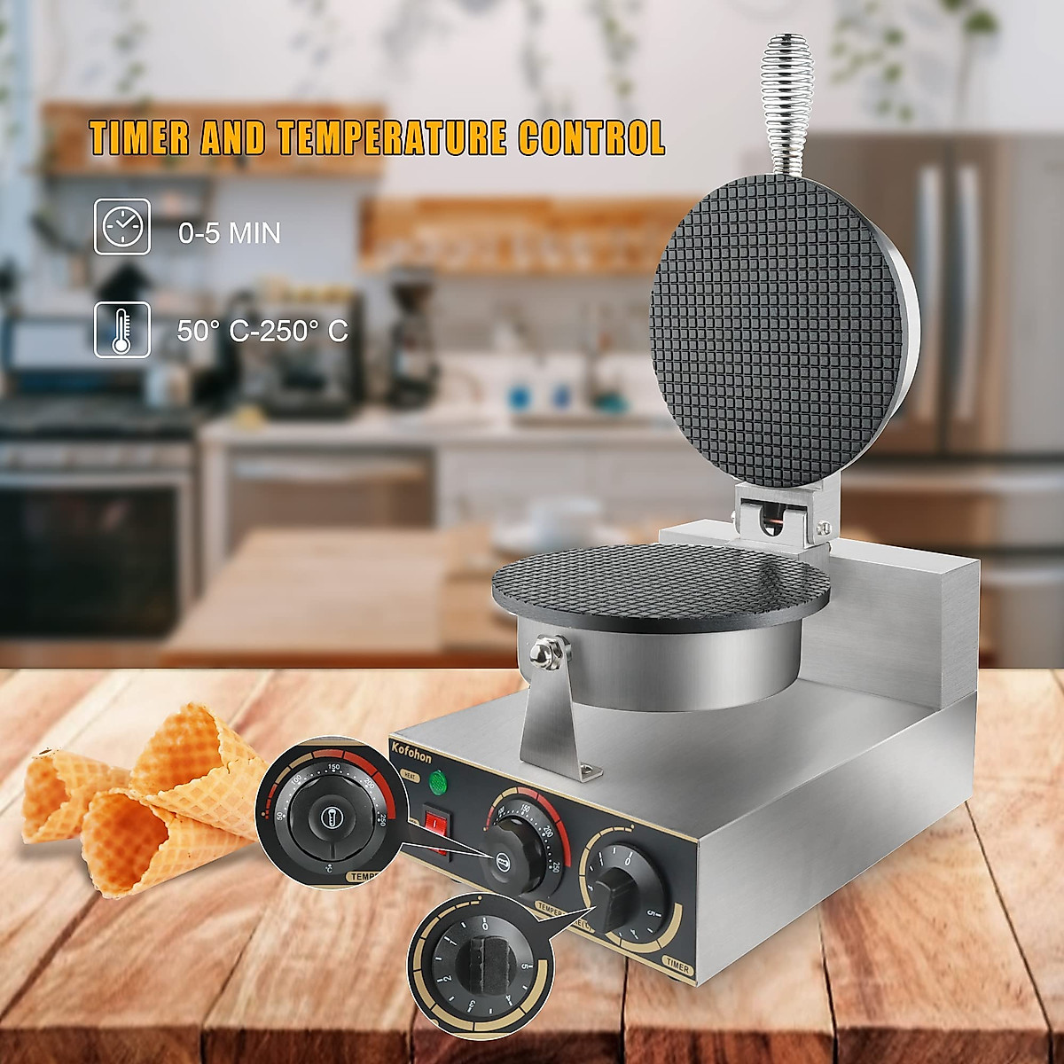 Commercial Waffle Cone Maker Ice Cream Cone Machine 1200W Non Stick Coating Timer and Temperature Control Use for Home Restaurant Dessert Station Hotel Bakery Gift