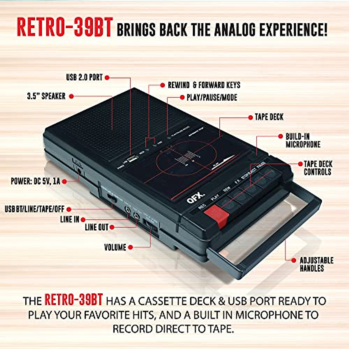 QFX RETRO-39 Portable Shoebox Tape Recorder, Analog Cassette Tape Deck with USB 2.0, Built-in Microphone, and a 3.5" Bluetooth Speaker,
