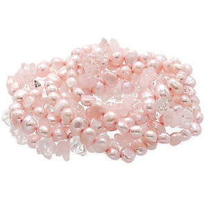 LTC Designs Set of 7 Dyed Pink Cultured Freshwater Baroque (5.5-6mm) Pearl and Rose/Crystal Quartz Stretch Bracelets, 7.5" for Women
