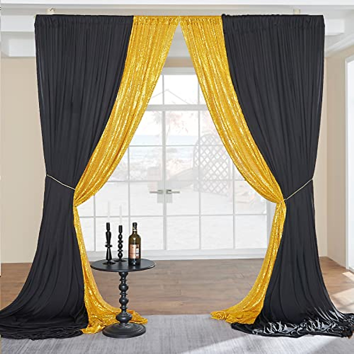 10x10 ft Black Backdrop Curtains and 10x4 ft Gold Sequin Backdrop Curtains, Black and Gold Backdrop Curtains for Parties, Wrinkle Free Backdrop Drapes for Wedding Birthday, 4 Panels
