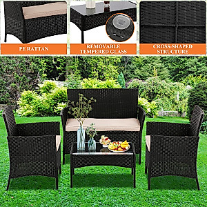 Dkeli 4 Pieces Outdoor Patio Furniture Wicker Bistro Sets with Thickened Cushions & Table Modern Rattan Chair Conversation Sets for Backyard Porch Poolside Lawn Garden, Black