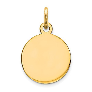 Solid 14k Yellow Gold Round Disc Charm Engravable Pendant - 18mm x 11mm