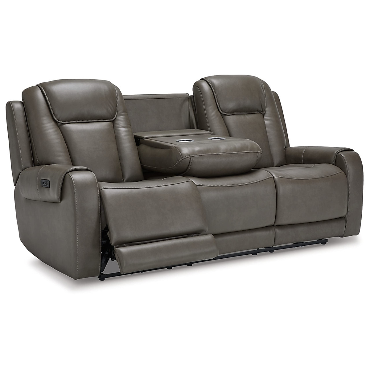 Signature Design by Ashley Card Player Contemporary Faux Leather Tufted Power Reclining Sofa with Adjustable Headrest, Gray
