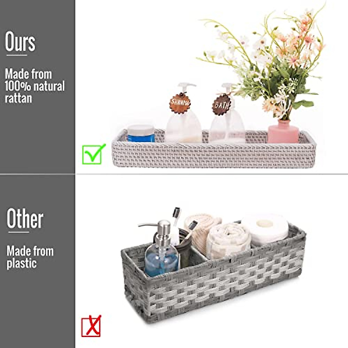 CELEZAR Rattan Toilet Tank Basket Guest Towel Napkin Woven Holder for Serving Organizing Bread Shelves Bathroom Counter Organizers and Storage Decorative Wicker Tray (17 x 6 x 2 inches, White Wash)