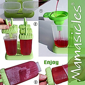 Popsicles Molds with Sticks 6 Individual Pieces BPA Free Popsicle Holders for Kids Reusable Plastic Ice Pop Mold with Silicone Funnel and Cleaning Brush by Mamasicles