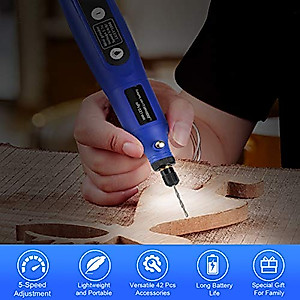 BYWOKY Cordless Rotary Tool, 3.7V Li-ion Mini Power Rotary Tool 5-Speed with 2.0 Ah Battery, Front LED Lights and 42pcs Accessories Kit for Drilling, Carving, Engraving, Sanding, Polishing and Cutting