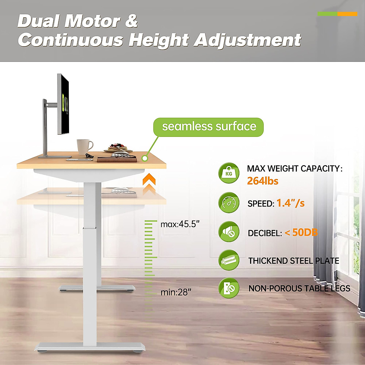 ALFA FURNISHING Advanced 48x30 Inches Standing Desk for Home Office, Dual Motor Electric Adjustable Height Desk, Sit Stand Desk with 4 Pre-Set Memory (48x30, Maple Top + White Frame Dual Motor)