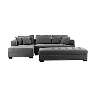 FANYHOME 111'' Tufted Fabric 3-Seat L-Shape Sectional Sofa Couch Set w/Chaise Lounge, Ottoman Coffee Table Bench for Living, Family & Game Rooms (Dark Grey), Light Gre