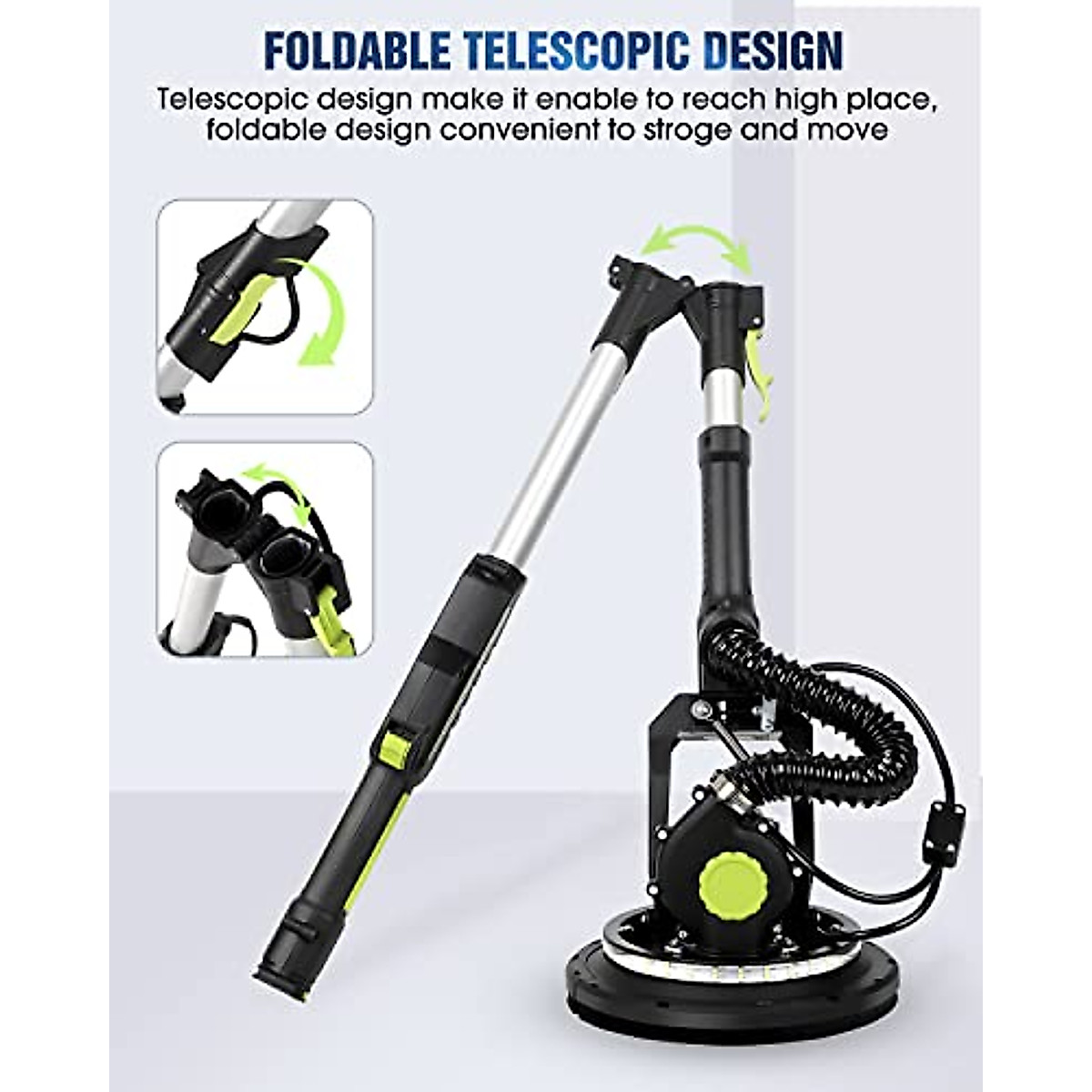 MYTOL Drywall Sander, 7.2A Electric Drywall Sander with Vacuum Dust Collection, LED Light, 6 Variable Speed Digital Display 900-1800RPM, Foldable & Extendable Handle, 9 Sanding Discs&3 Grid Sandpaper
