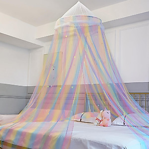 FIOBEE Bed Canopy Bed Curtains Mosquito Net Room Décor with Stars for Bedroom, Rainbow
